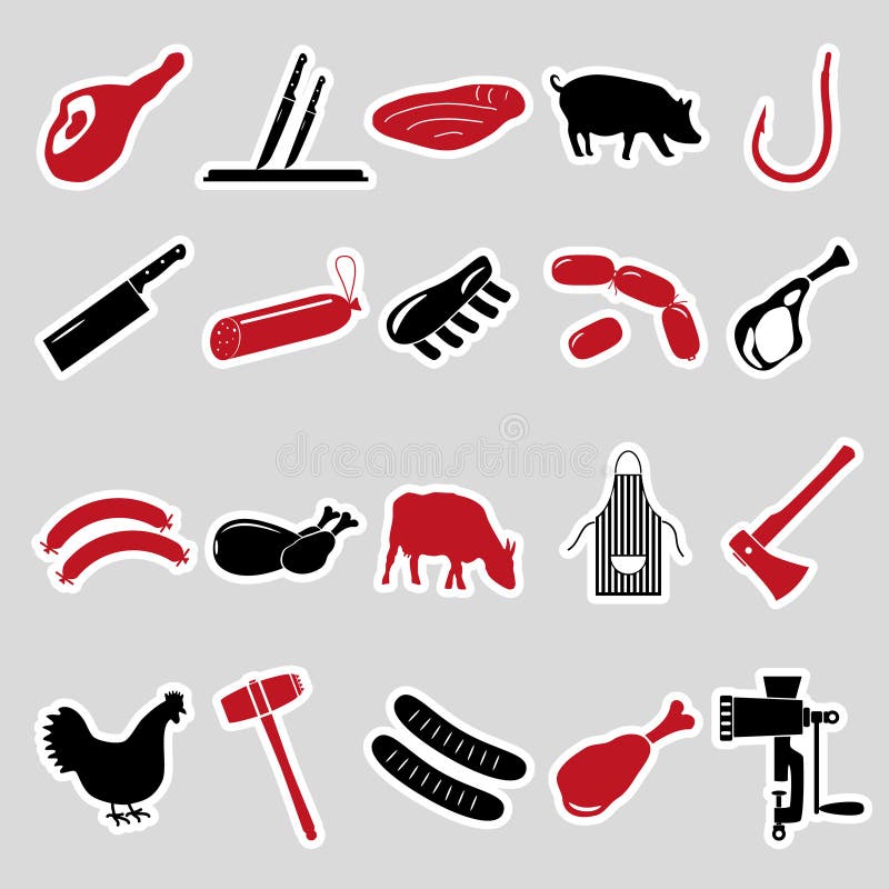 Butcher and Meat Shop Black and Red Stickers Set Stock Vector ...