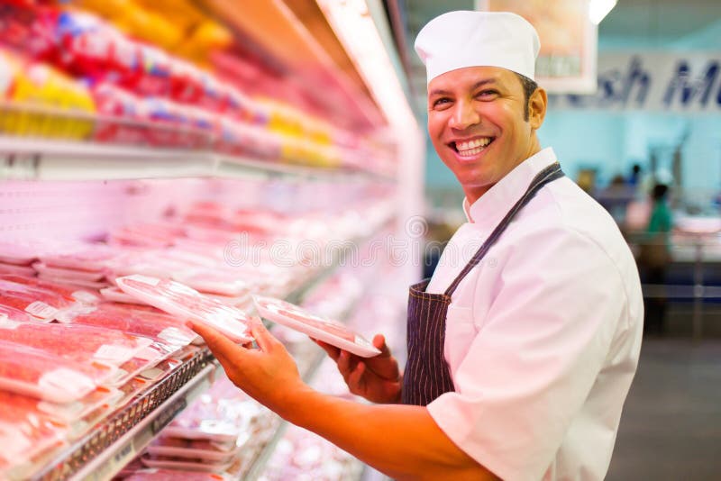 Butcher Organizing Meat Products Stock Image - Image of butchery ...