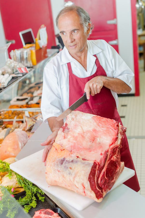 Butcher Preparing Cut Meat Beef Stock Photo - Image of butcher ...