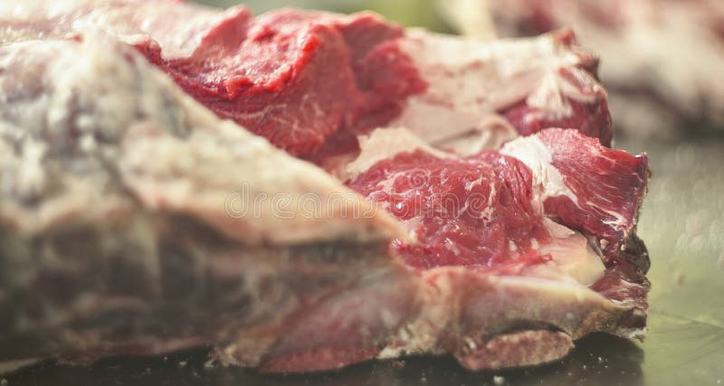 Butcher Preparing Fresh Red Meat on Metal Table Stock Photo - Image of ...