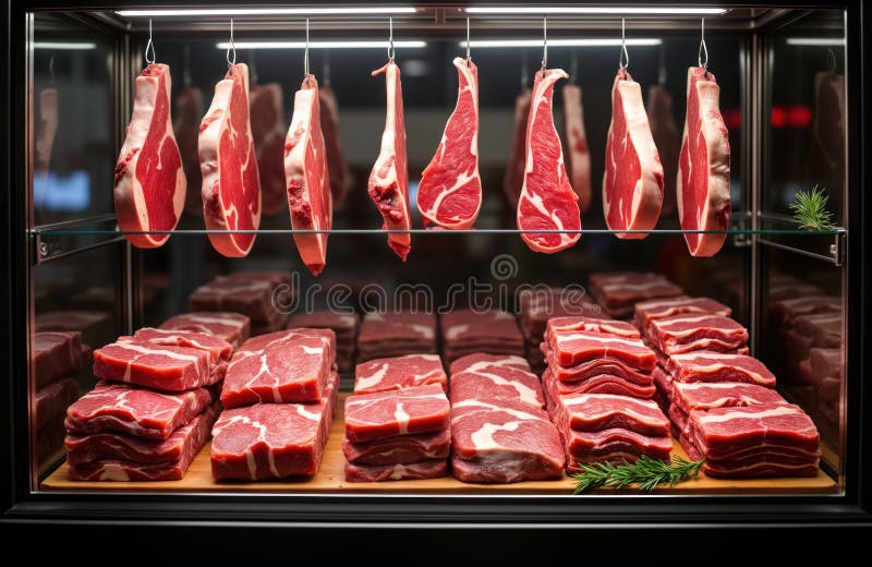 Butcher Shop Display Shows Raw Meat Cuts. Various Beef Pieces Hang ...