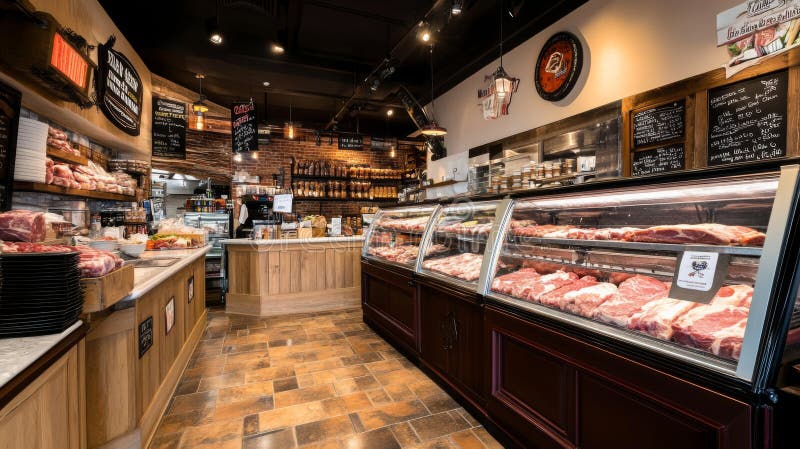 Butcher Shop Interior with Display of Fresh Meat Stock Illustration ...