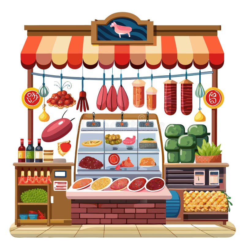 A Butcher Shop with a Variety of Meats on Display Stock Vector ...