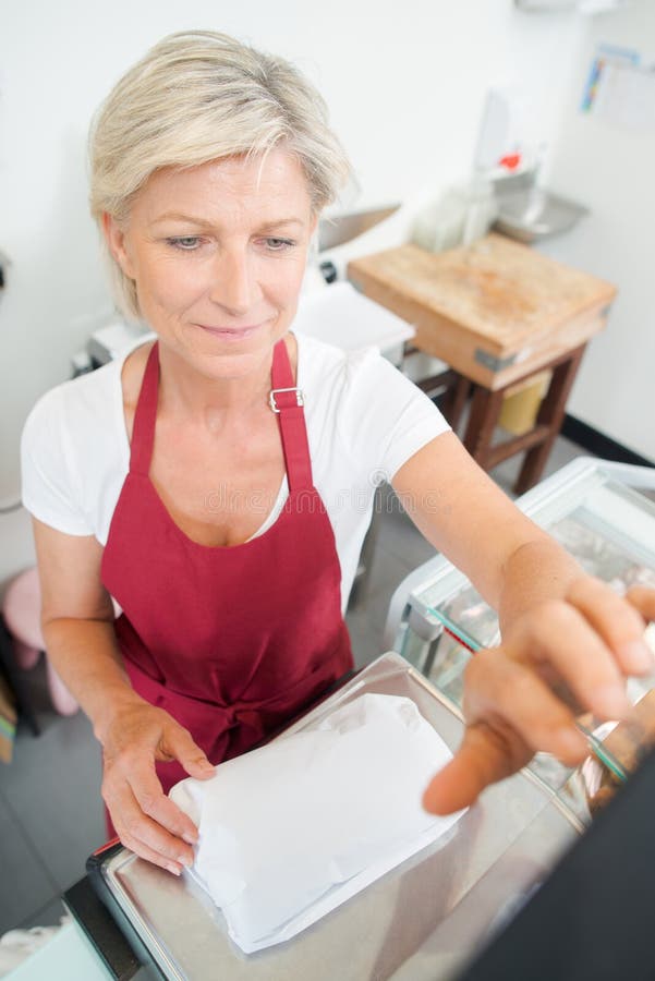 Butcher weighing container stock image. Image of lady - 326231949