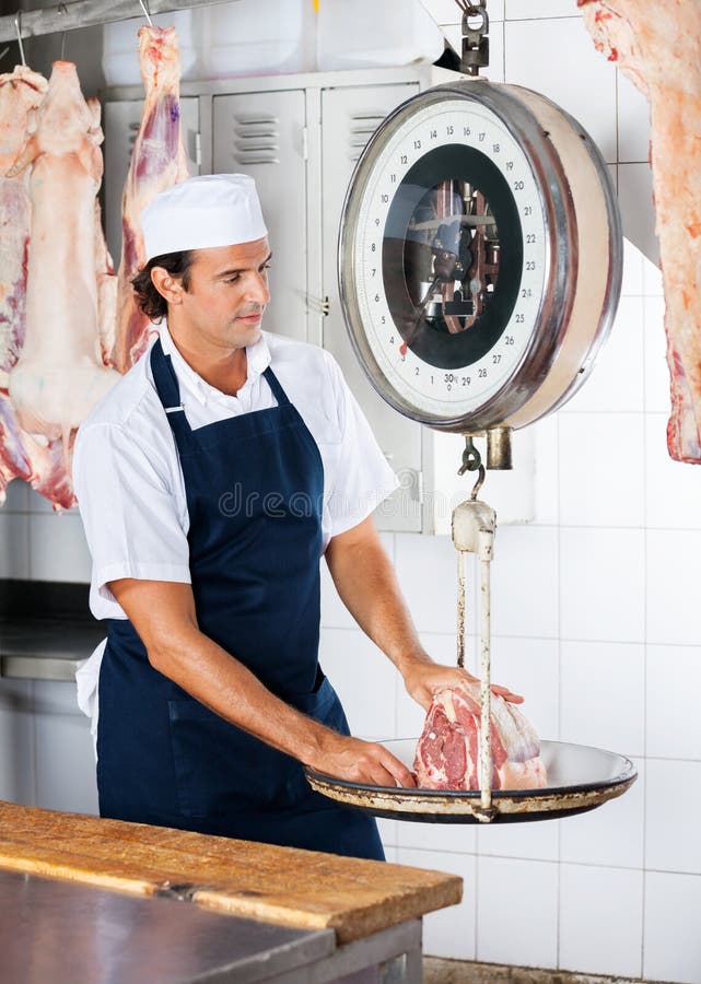 Butcher Weighing Meat on Scale Stock Image - Image of butcher, fresh ...