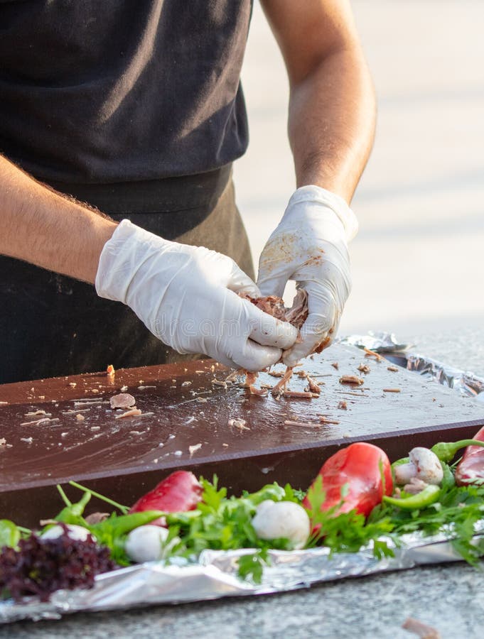 Butchering Baked Meat in a Restaurant. Stock Image - Image of ...