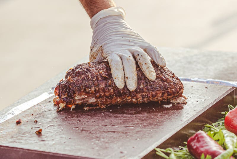 Butchering Baked Meat in a Restaurant. Stock Image - Image of meat ...