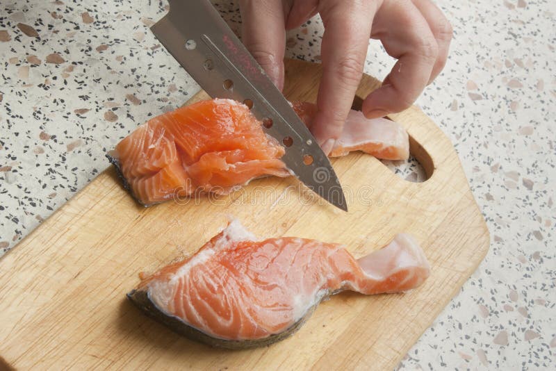 Butchering of salmon stock photo. Image of butcher, table - 80223132