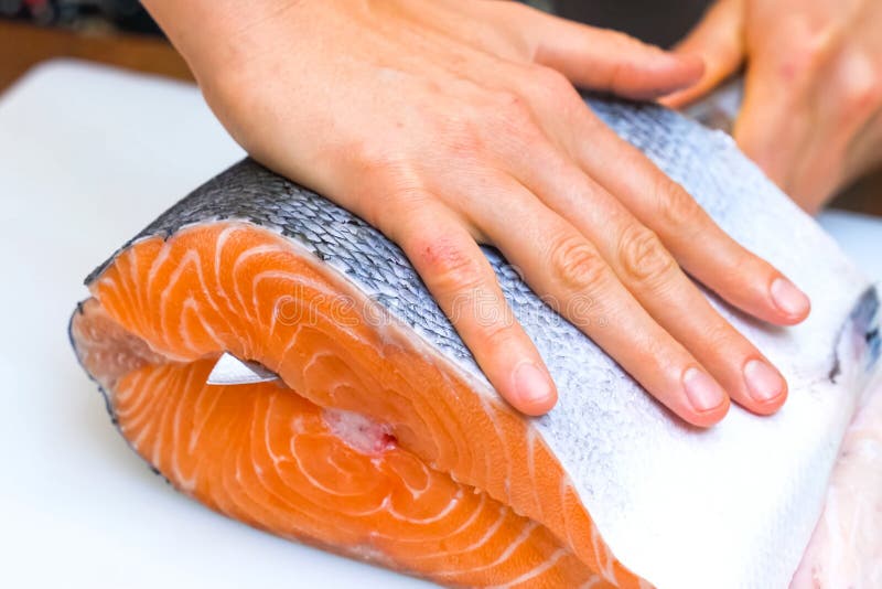 Butchering Salmon, Piece of Salmon Red Fish Meat Stock Photo - Image of ...