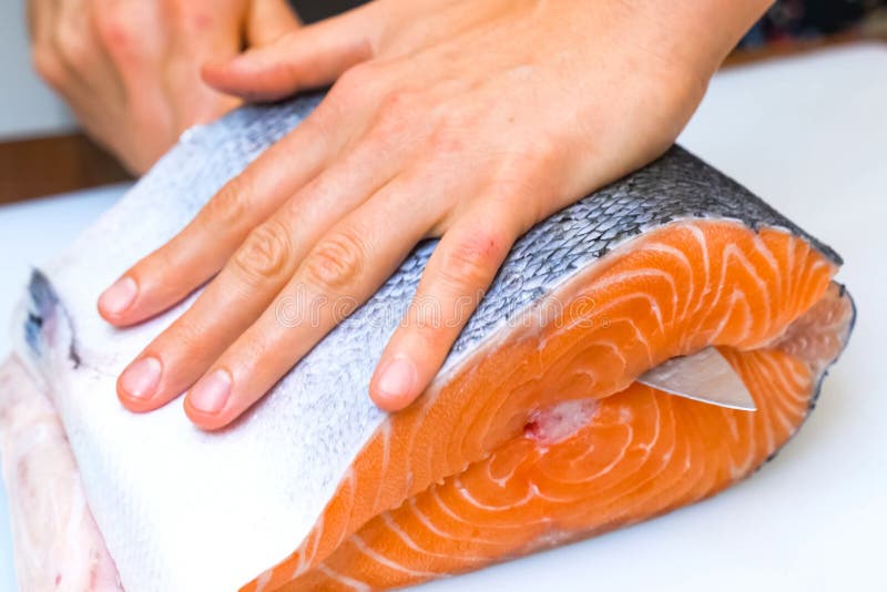 Butchering Salmon, Piece of Salmon Red Fish Meat Stock Photo - Image of ...