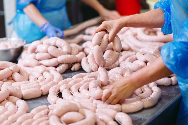 Butchers Processing Sausages at a Meat Factory. Stock Image - Image of ...