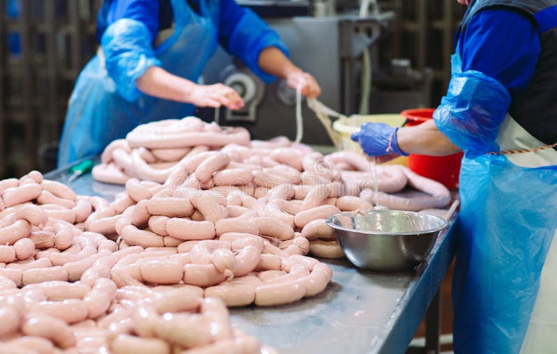 Butchers Processing Sausages at the Meat Factory. Stock Image - Image ...