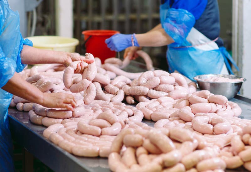 Butchers Processing Sausages at a Meat Factory. Stock Photo - Image of ...