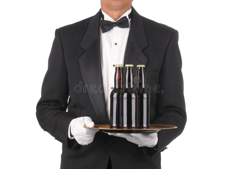 Butler with Beer Bottles on Tray Stock Photo - Image of black, white ...