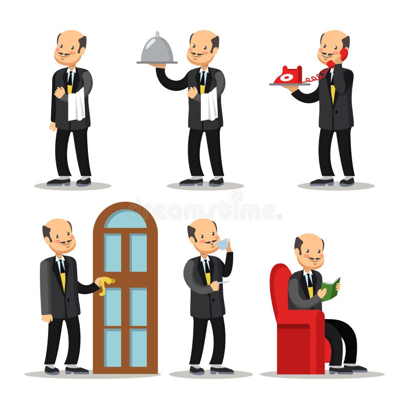 Butler Cartoon Set. Man with Serving Tray Stock Vector - Illustration ...