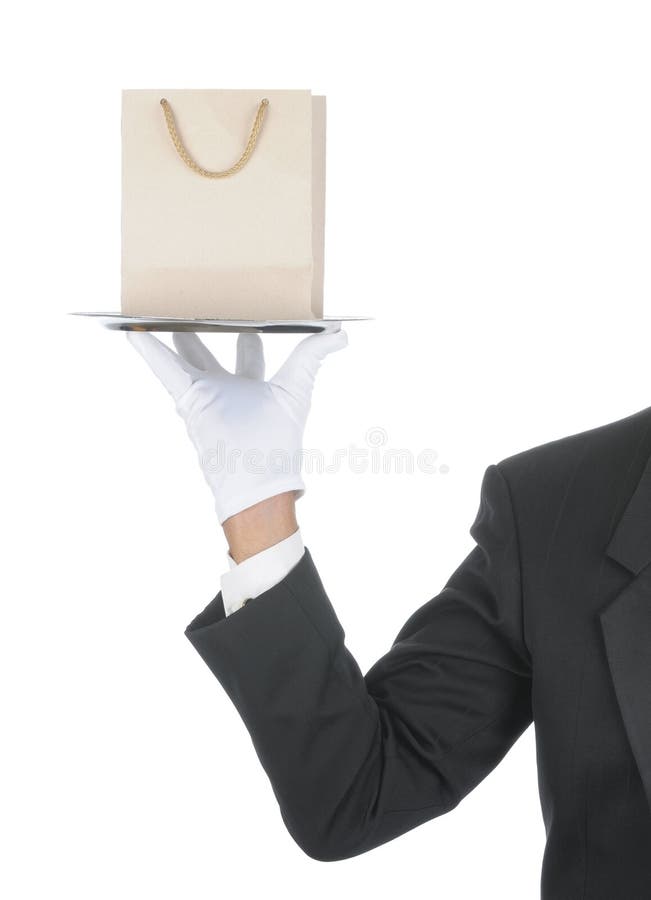 Butler with Gift Bag on Tray Stock Photo - Image of elegant, suit: 14441614