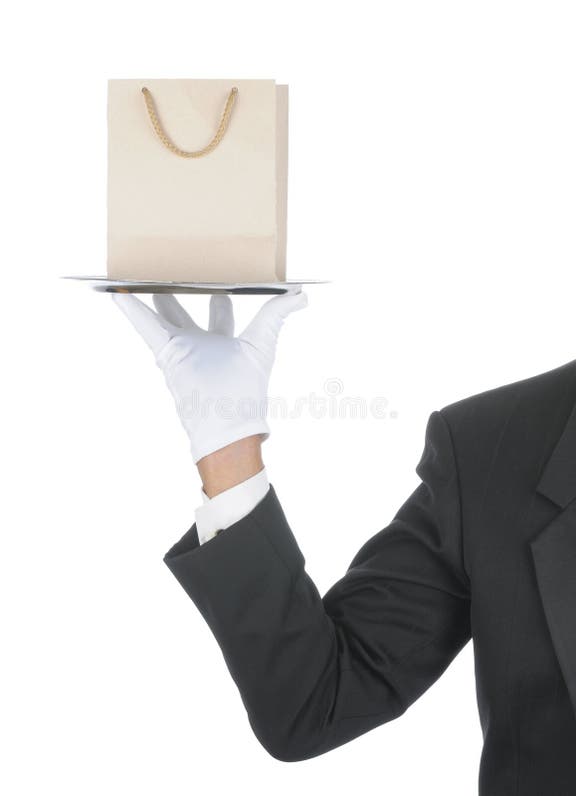 Butler with Gift Bag on Tray Stock Photo - Image of elegant, suit: 14441614