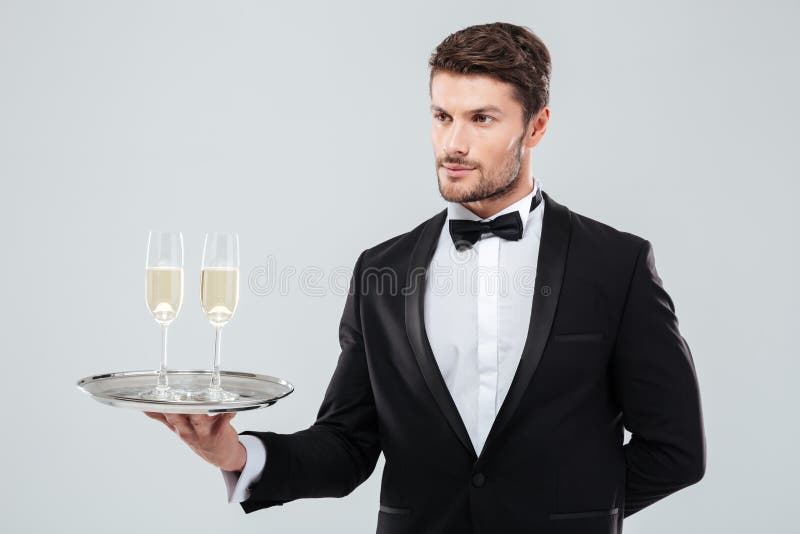 Butler Holding Silver Tray with Two Glasses of Champagne Stock Image ...