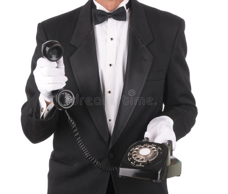 Butler with Phone on Tray stock photo. Image of cutout - 13871024