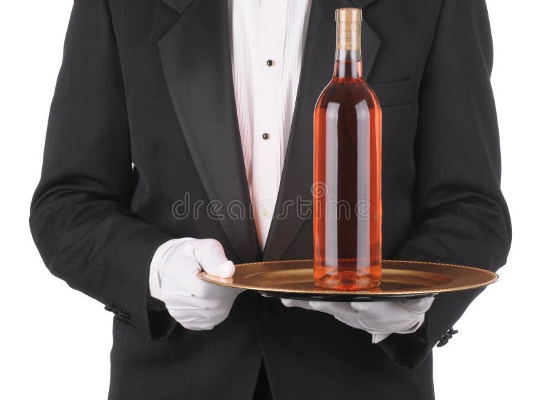 Butler with Wine Bottle on Tray Stock Image - Image of white, formal ...