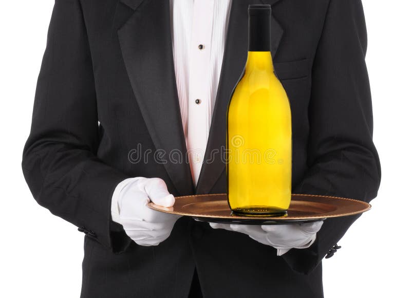 Butler with Wine Bottle on Tray Stock Image - Image of hospitality ...