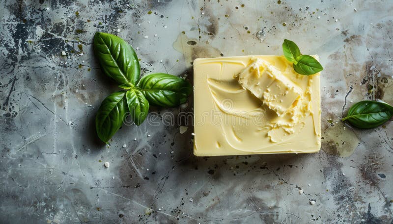 Butter Block with Fresh Basil Leaves on a Rustic Surface in a Kitchen ...