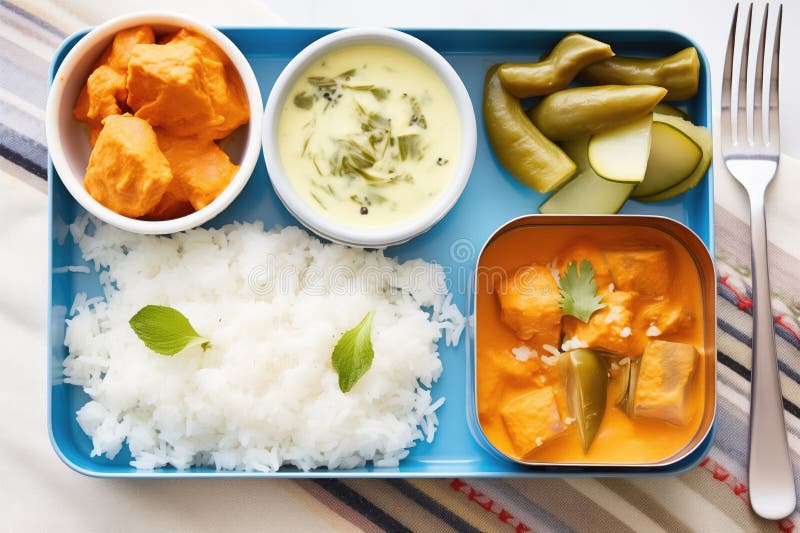 Butter Chicken Meal with Rice, Yogurt, and Pickles in Compartments ...