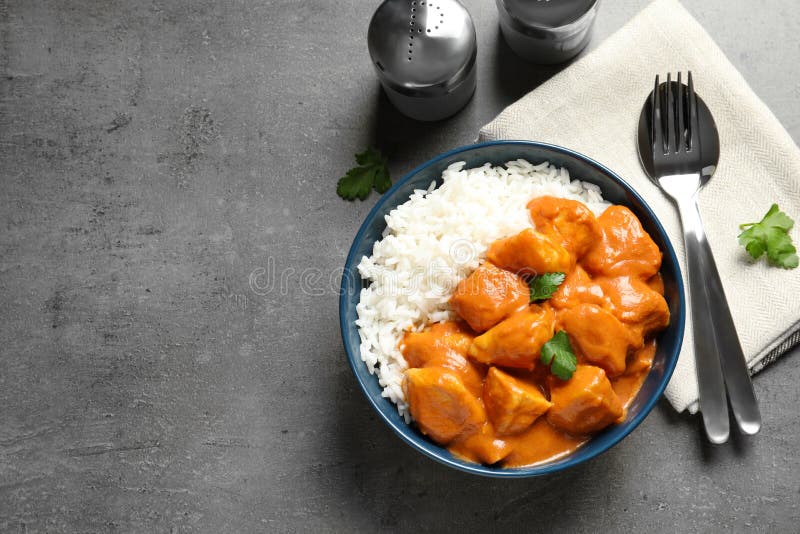 Butter Chicken with Rice Served on Grey Table, Flat Lay Stock Image ...