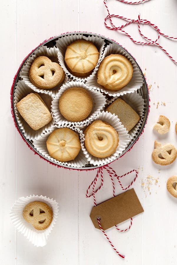 Butter Cookies in a Box, in White Wooden Table. Top View Stock Image ...