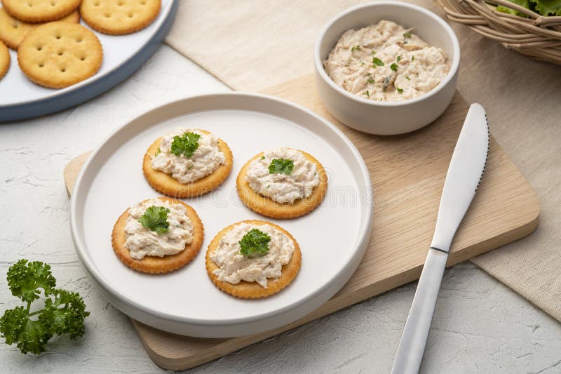 Butter Cracker with Tuna Spread on Cutting Board Stock Image - Image of ...