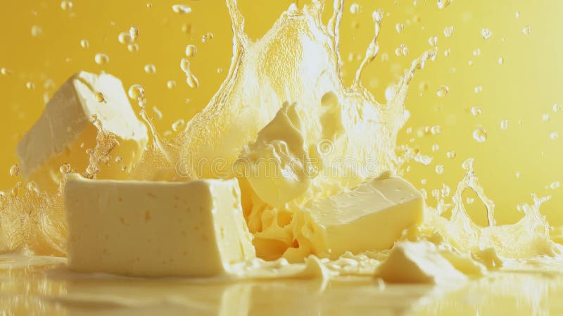 Butter Cubes Splashing in Yellow Liquid Stock Illustration ...