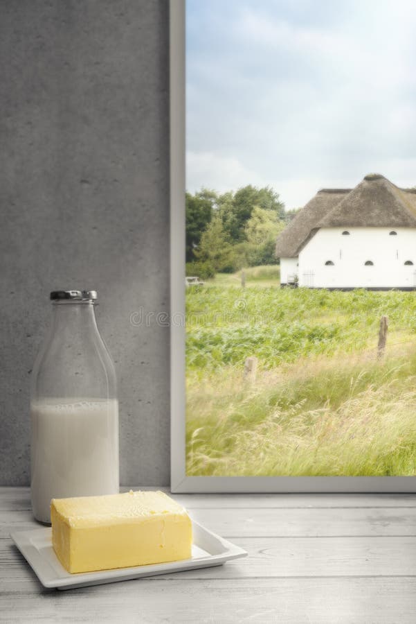 Butter,Milk and Camembert Cheese on Sideboard with Blackboard Stock ...