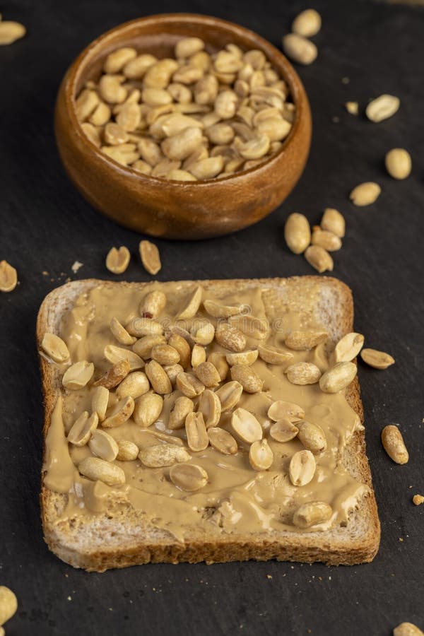 Peanut Butter Piece Bread Roasted Peanuts Table Closeup Black Slate ...