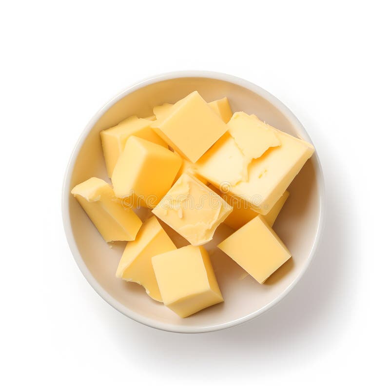 Butter Pieces in Bowl Isolated on White Background, Top View. Stock ...