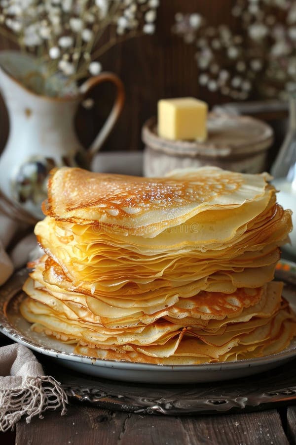 Butter Topped Crepes on Rustic Wooden Table with Powdered Sugar Stock ...