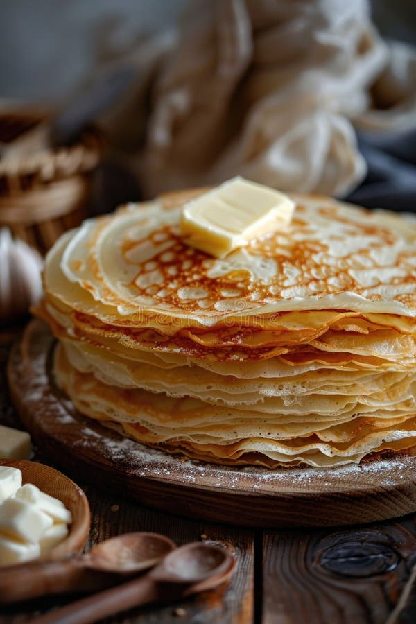 Butter Topped Crepes on Rustic Wooden Table with Powdered Sugar Stock ...