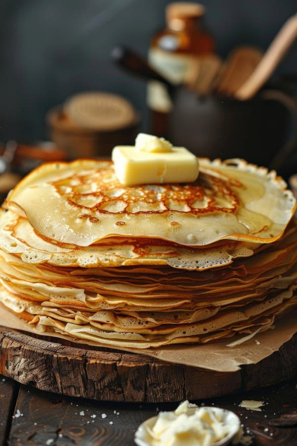 Butter Topped Crepes on Rustic Wooden Table with Powdered Sugar Stock ...
