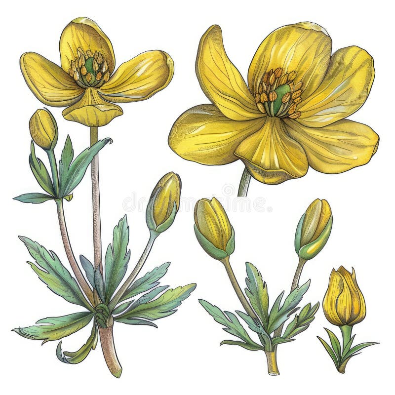 Buttercup Flowers Illustration on a White Background. Botanical Drawing ...