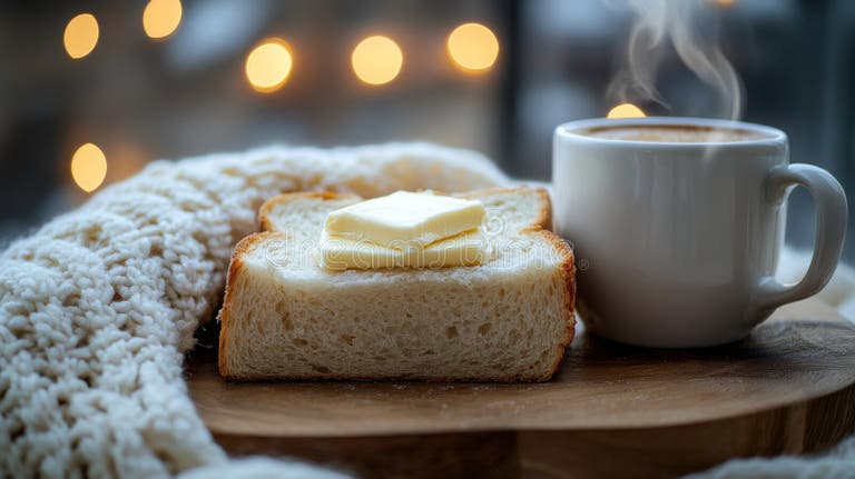 Buttered Bread and Steaming Coffee Cozy Winter Scene Stock Illustration ...