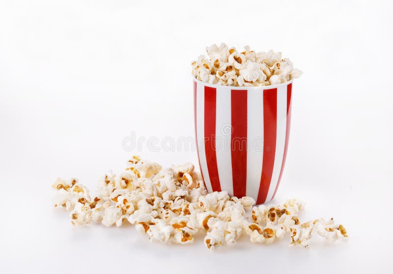 Buttered Popcorn in Striped Paper Cups Over White Background Stock ...