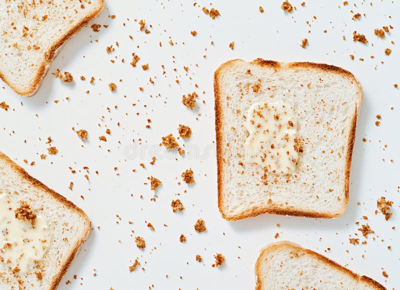 Buttered Toast with Crumbs on White Background High Quality Image Stock ...