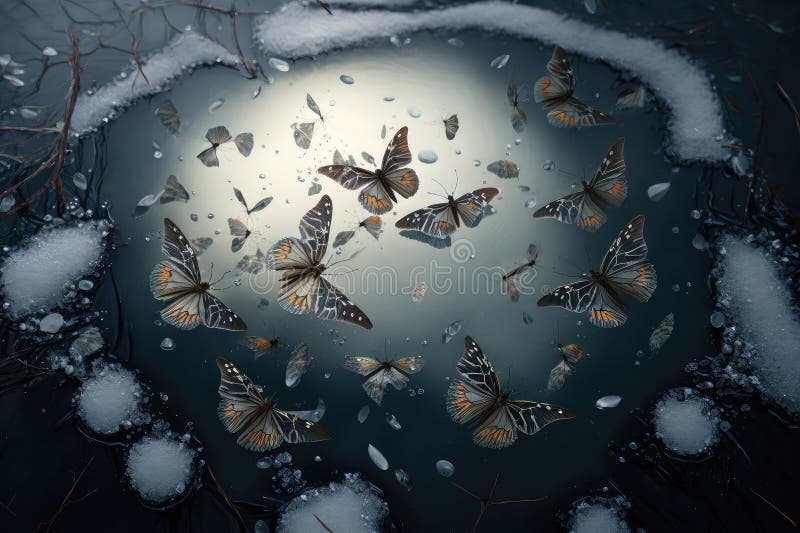 Butterflies Crawling on the Frozen Surface of a Pond, with Snowflakes ...