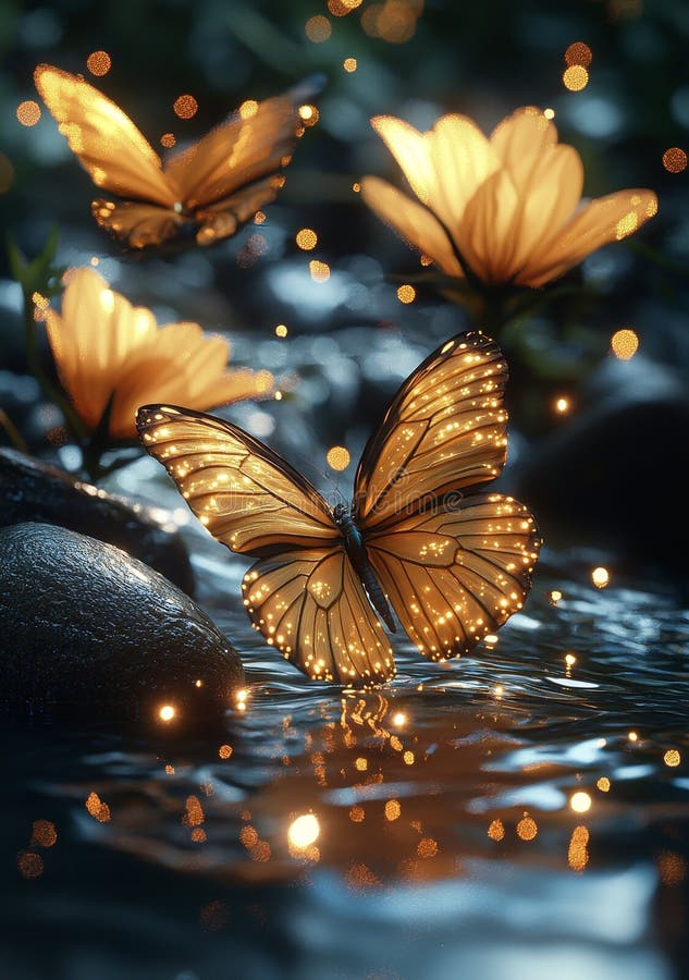 Butterflies Dance Along the Stream Deep within the Forest, Above the ...