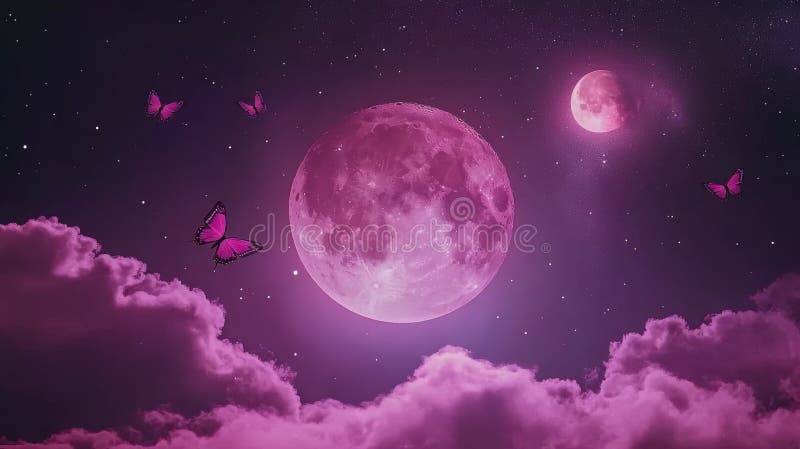 Butterflies Dance Enchantingly Around a Glowing Moon in the Night Sky ...
