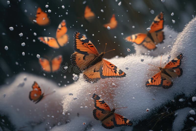 Butterflies Fluttering in the Snow, Spreading Warmth and Color Stock ...