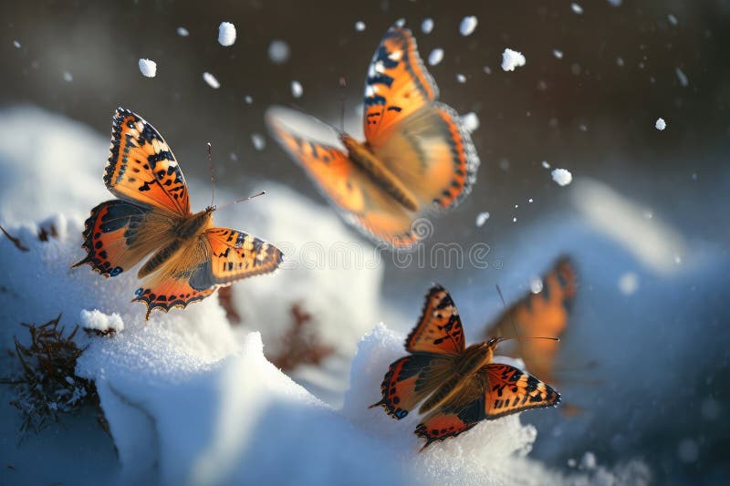 Butterflies Fluttering in the Snow, Spreading Warmth and Color Stock ...