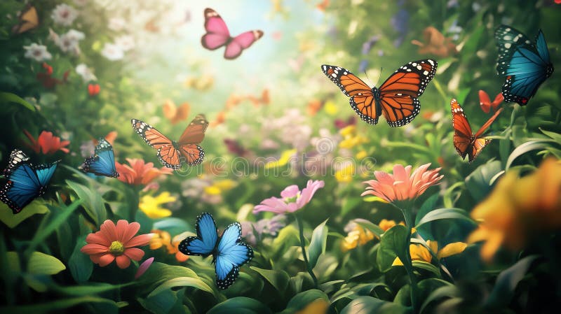Butterflies Fluttering in a Vibrant Garden Stock Photo - Image of ...