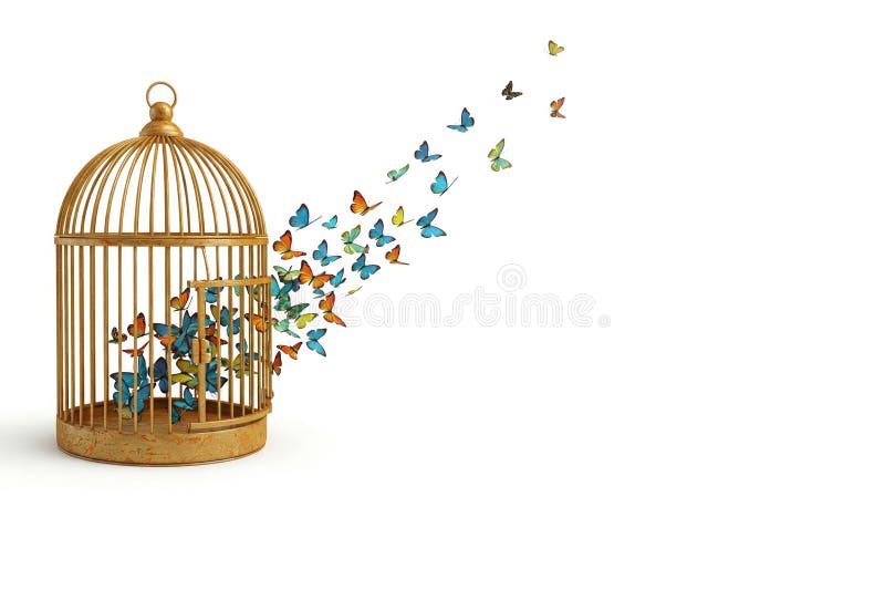 Butterflies Fly Out of an Open Golden Cage. Space for Text. Stock ...