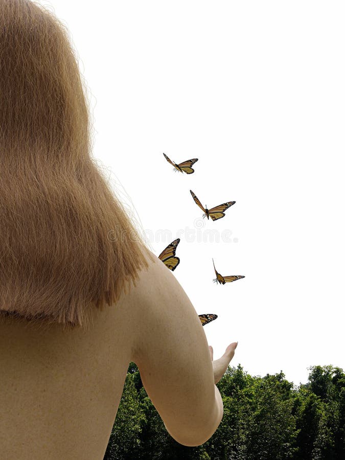 Butterflies Flying Over a Hand Isolated on Green Stock Illustration ...