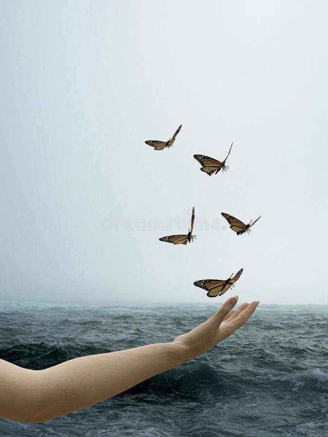 Butterflies Flying Over a Hand Isolated on Green Stock Illustration ...